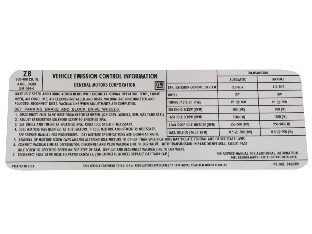 C3 1974 Chevrolet Corvette Base Engine Emission Decal - Auto ...